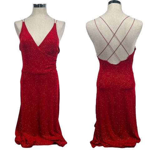 Vtg 90s Y2K Red Glitter Dress Cross Spaghetti Straps Backless Fairy ...