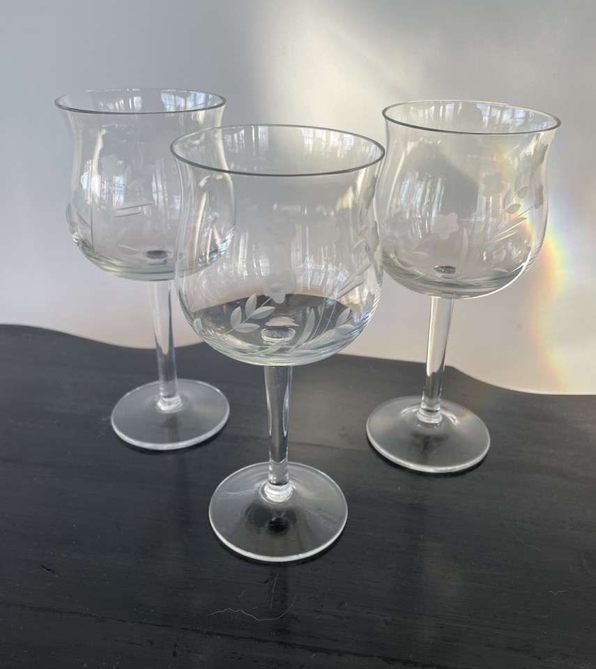 Vintage Romania Etched Glass Wine Goblets Floral Pattern Set Of 3 | eBay