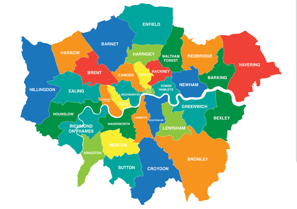 Map of London Boroughs Wallpaper Wall Mural Feature Backdrop Print for ...