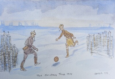 ORIGINAL Artwork The Christmas Truce 1914 football game Highlander ww1 ...