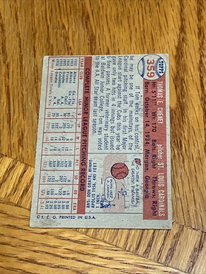 1957 Topps Tom Cheney Rookie #359 - St. Louis Cardinals - Collectable ...