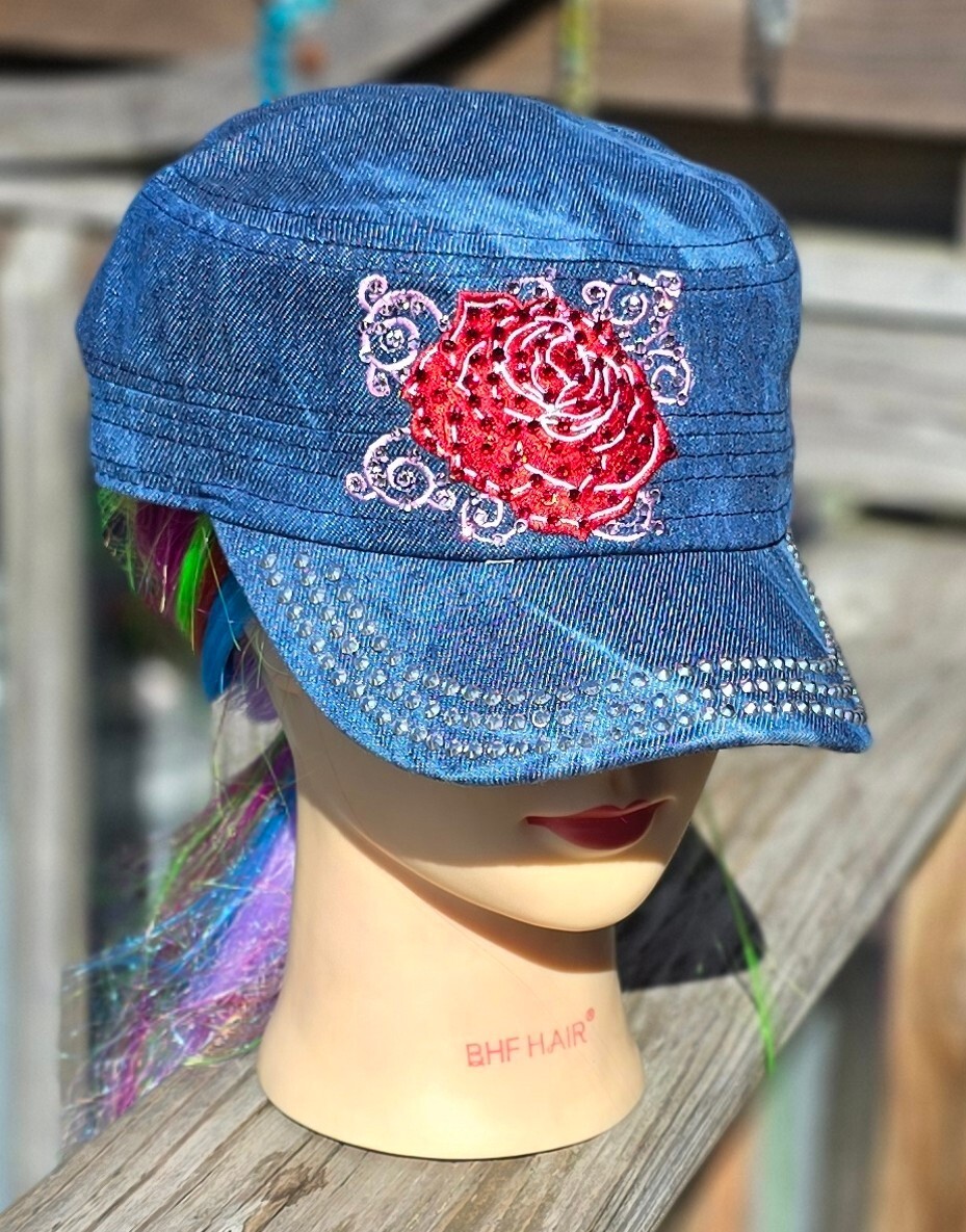 Ladies Dark Blue Denim & Red Rose BLING Ball Cap Hat NEW | eBay