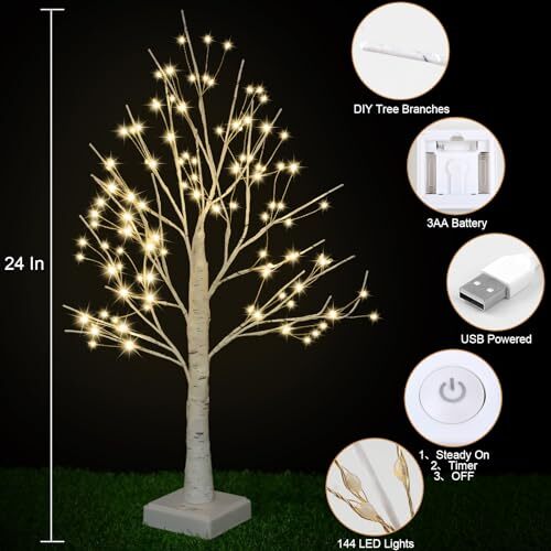 144 LED Artificial Tree Lamp with Timer, DIY 144 LED Birch Tree Warm ...