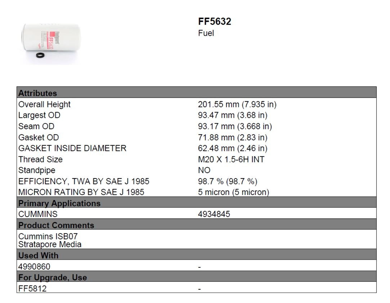 NEW GENUINE Cummins Fleetguard FUEL FILTER FF5632 4934845 Freightliner ...