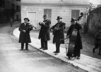 Full-length image of four gypsy musicians playing four differen- 1925 ...