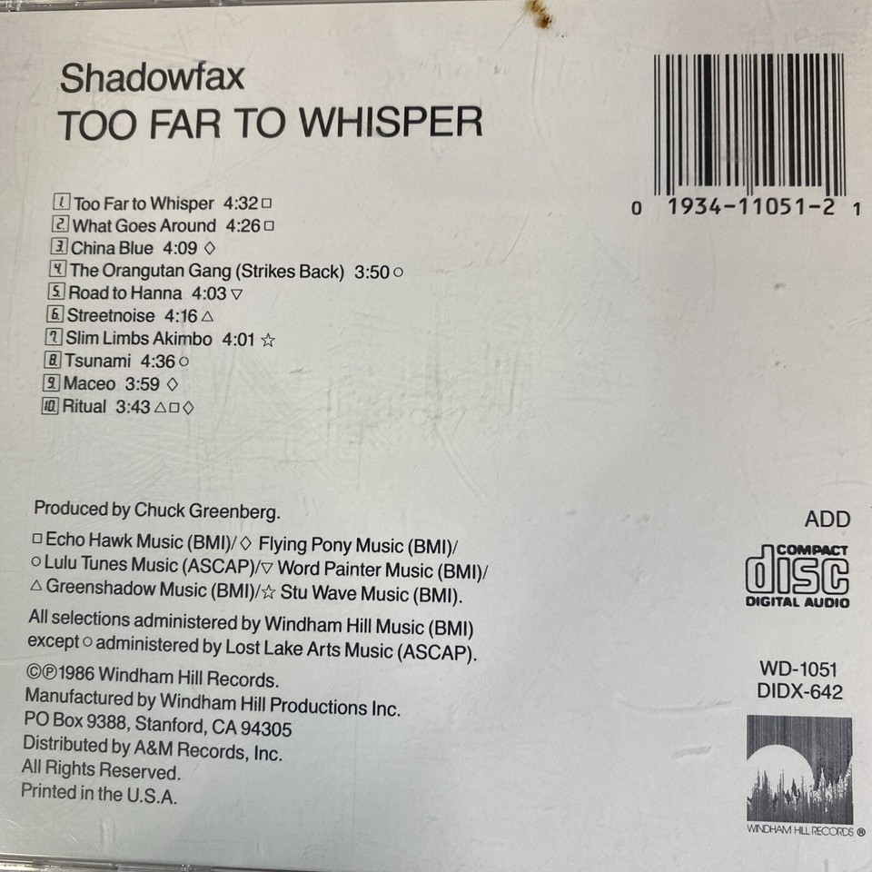 Too Far to Whisper *by Shadowfax (CD, Windham Hill Records) West Germ ...