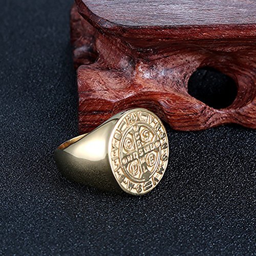 Gold Plated Stainless Steel St. Benedict Exorcism Ring Hypoallergenic ...