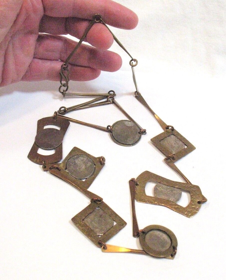 HAMMERED BRASS SILVER HAND CRAFTED NECKLACE MID CENTU… - Gem