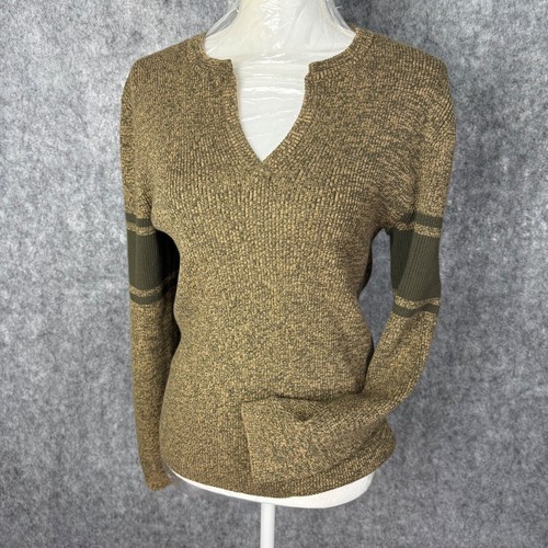 Vintage Express womens sweater medium brown olive elbow contrast split ...