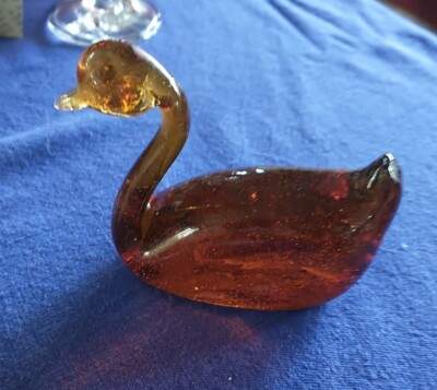 Vintage Viking Hand Blown Swan Figurine Amber Art Glass Paperweight | eBay