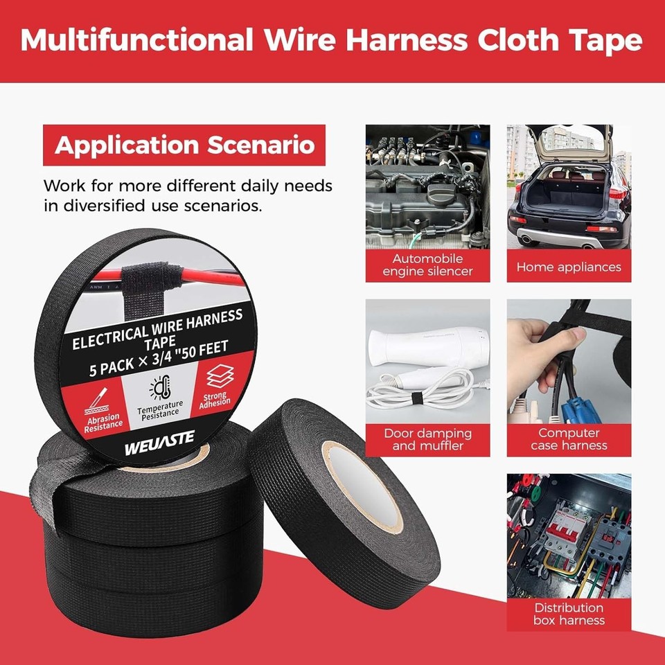 5 Rolls 3/4 Inch x 50 FT Premium Wiring Harness Tape - High Temp Self ...