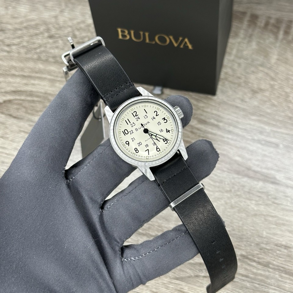 NEW AUTOMATIC Bulova Hack Cream Dial Black Leather Strap Men's Watch ...
