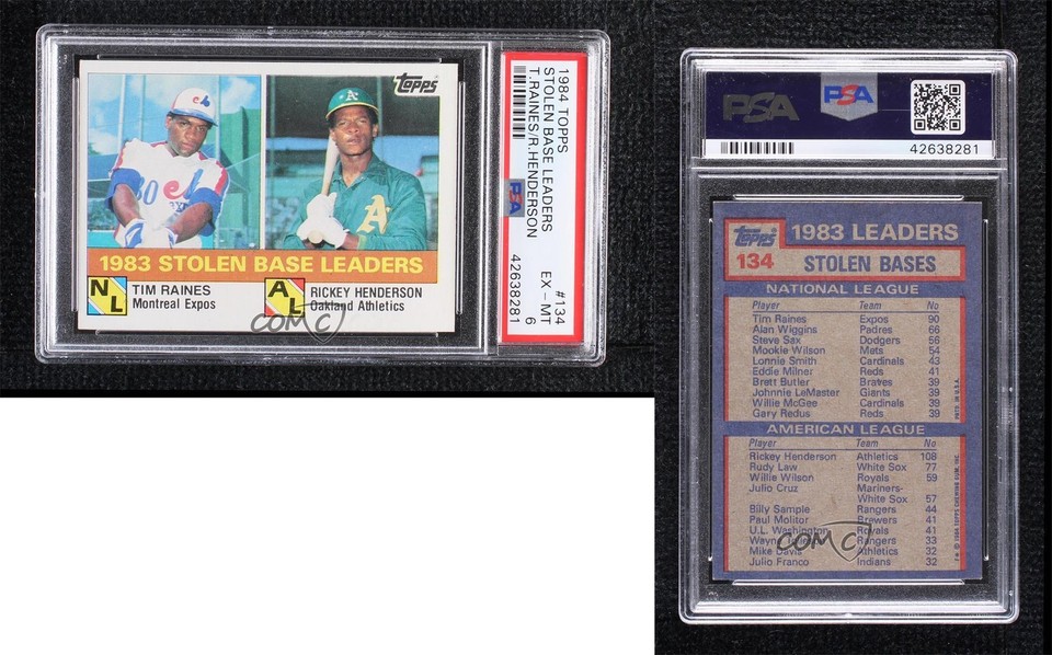 1984 Topps League Leaders Tim Raines Rickey Henderson #134 PSA 6 HOF ...