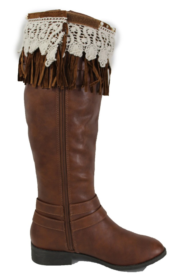 Western Women Boot Toppers Boho Long Brown Faux Leather Fringes Knee ...