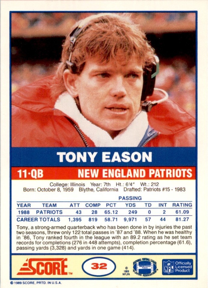 1989 SCORE TONY EASON NEW ENGLAND PATRIOTS #32 | eBay