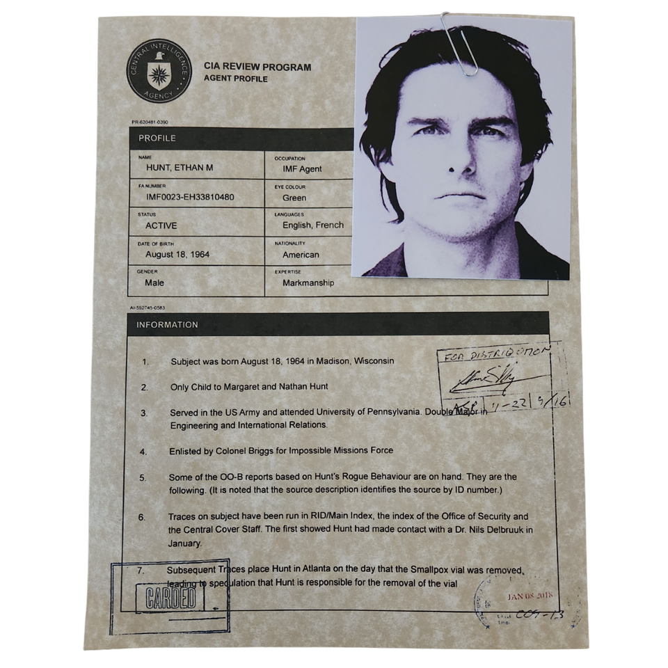 Mission Impossible Agent Profile documents for prop or display, Wall ...