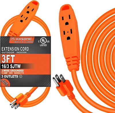 3FT 3 Outlet Extension Cord, UL Listed, 13Amp 16/3 SJTW 3-Wire Grounded ...