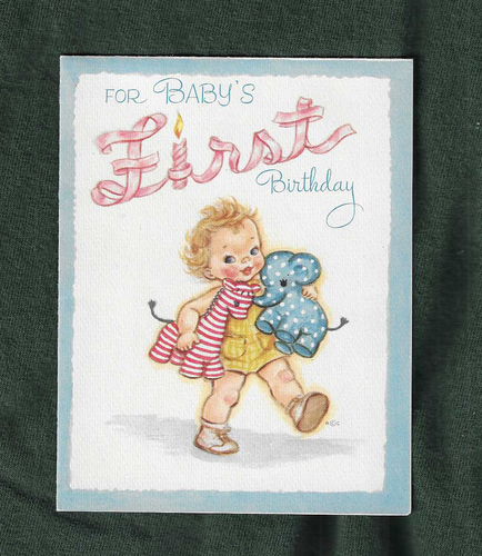 vintage 1947 Rust Greeting BABY'S FIRST Birthday Card Girl Elephant ...