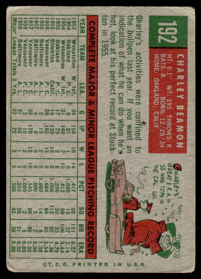 1959 Topps Charley Beamon #192 Baltimore Orioles Baseball Card | eBay