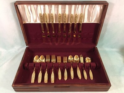 Gold Plated Rose Pattern Silverware Flatware Stainless JAPAN in WOODEN ...