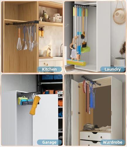 Pull Out Broom Holder With Adjustable Double Row Sliding Hook ...