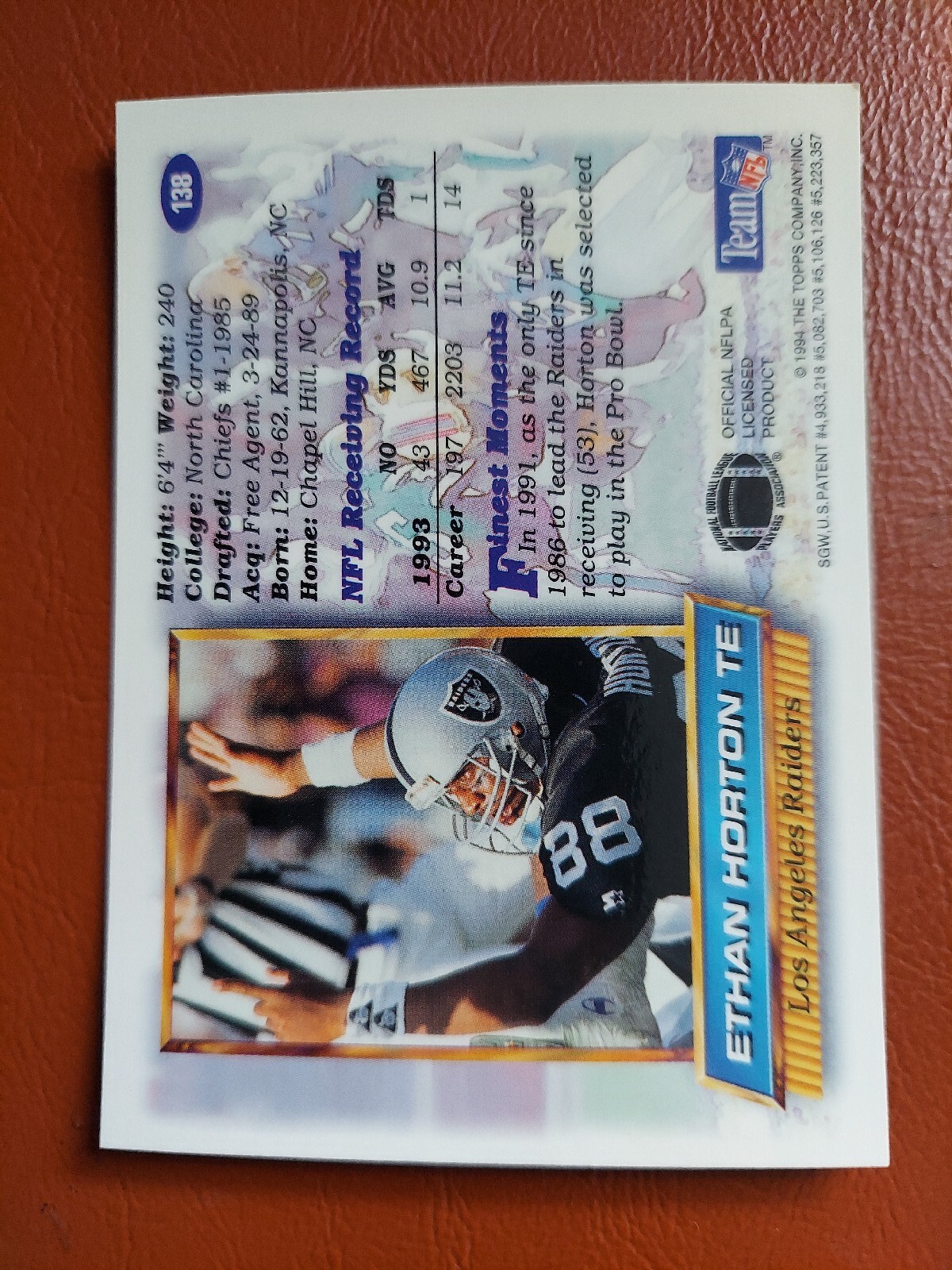 ETHAN HORTON 1994 TOPPS FINEST FOOTBALL CARD # 138 | eBay