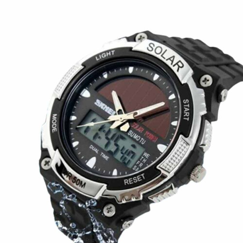 Men's Solar Power Sport Dual Time LED Digital Waterproof Analog Quartz ...