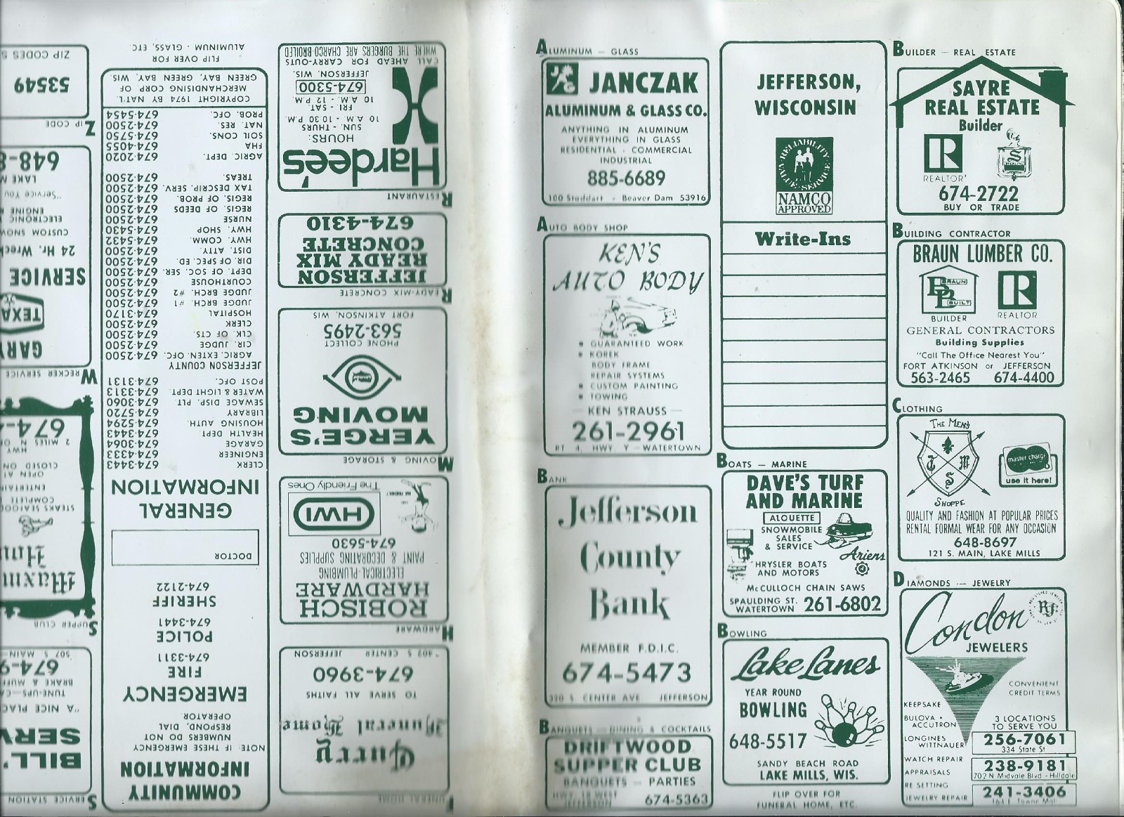 JEFFERSON WISCONSIN vintage 1974 telephone book VINYL COVER store ...