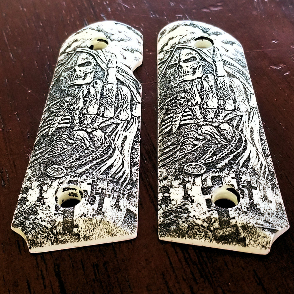 Compact Officer 1911 custom engraved imitation ivory grips Grim Reaper ...