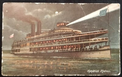 Vintage Postcard Hudson River Day Liner Steamer Night Moon Light New ...
