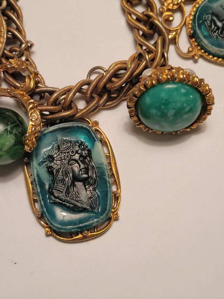 BULKY ROMAN CHARM BRACELET VINTAGE MISSING CLASP METAL NOT TESTED GREEN ...
