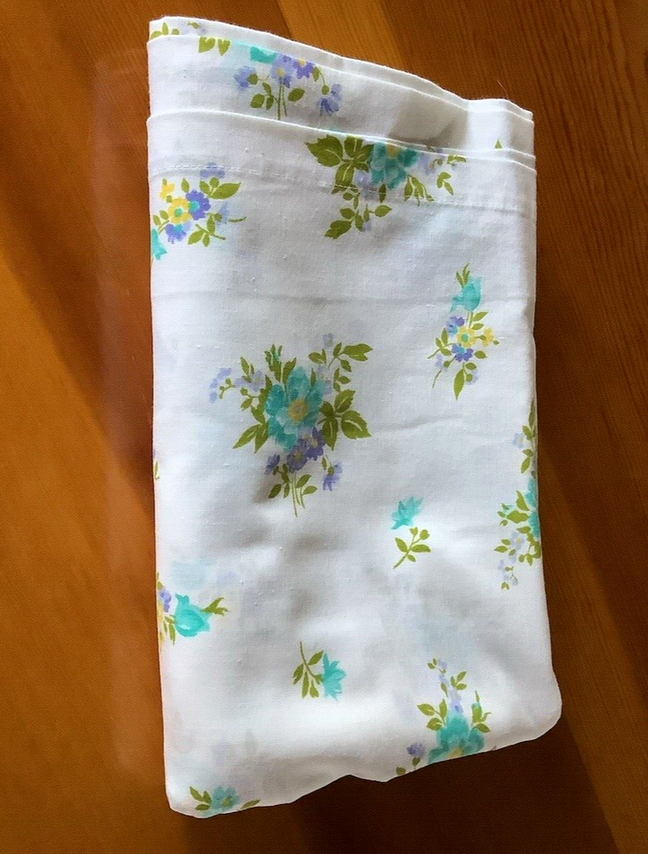 VTG 70's CANNON MONTICELLO BLUE FLORAL COTTON BLEND FLAT SHEET SZ TWIN ...