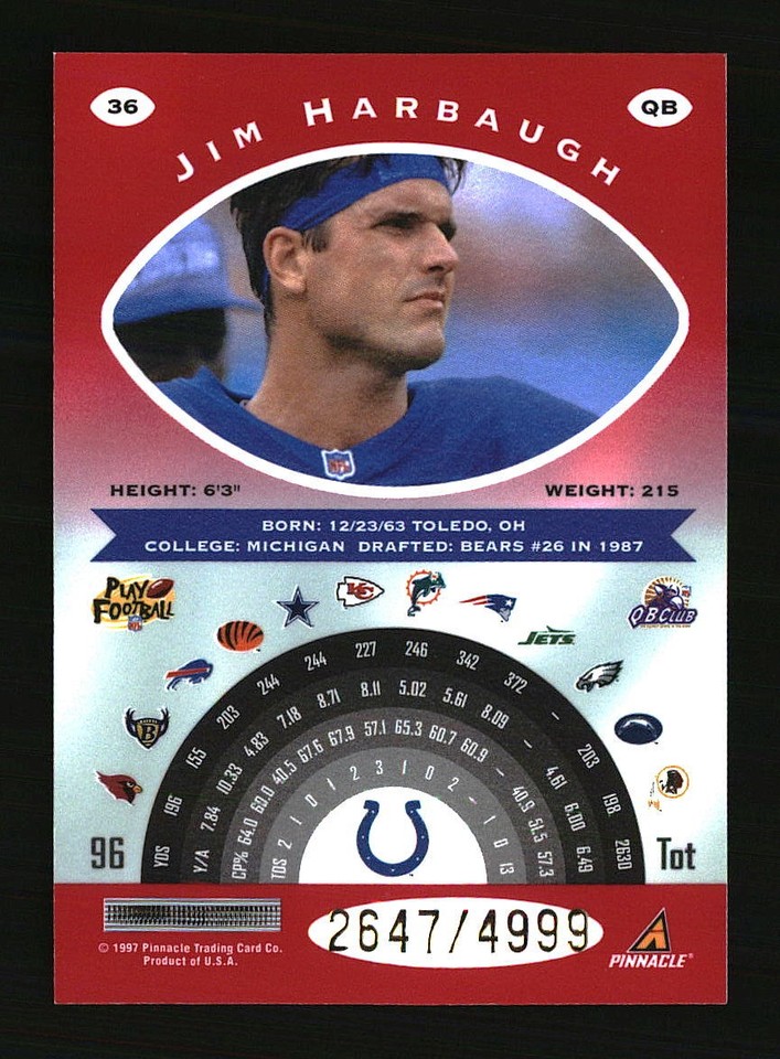 1997 PINNACLE TOTALLY CERTIFIED RED SP /4999 #36 JIM HARBAUGH | eBay