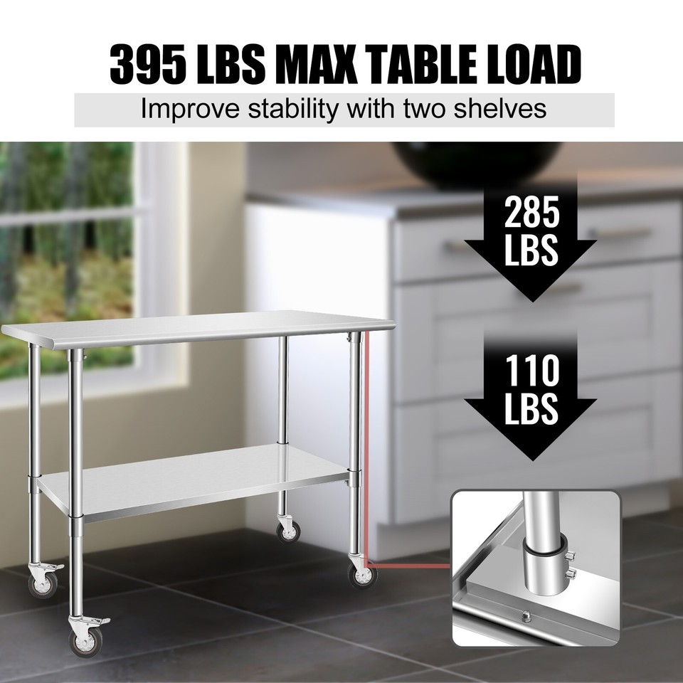 30/36/48" Food Prep Table w/ Casters Stainless Steel for Commercial ...