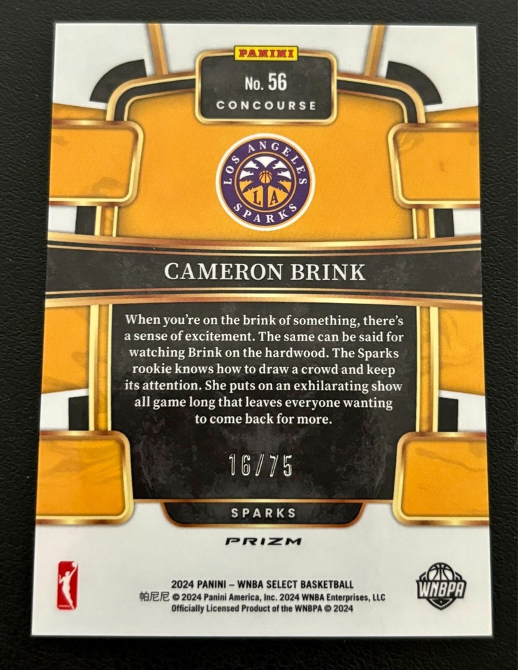 CAMERON BRINK 2024 PANINI SELECT WNBA NEON GREEN PRIZM #'d /75 - ROOKIE ...