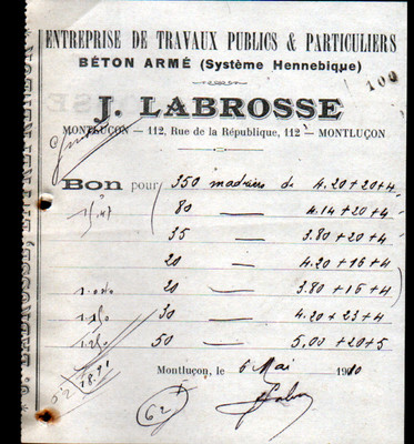 MONTLUCON (03) Ets de TRAVAUX PUBLICS / BETON armé "Joseph LABROSSE" en ...