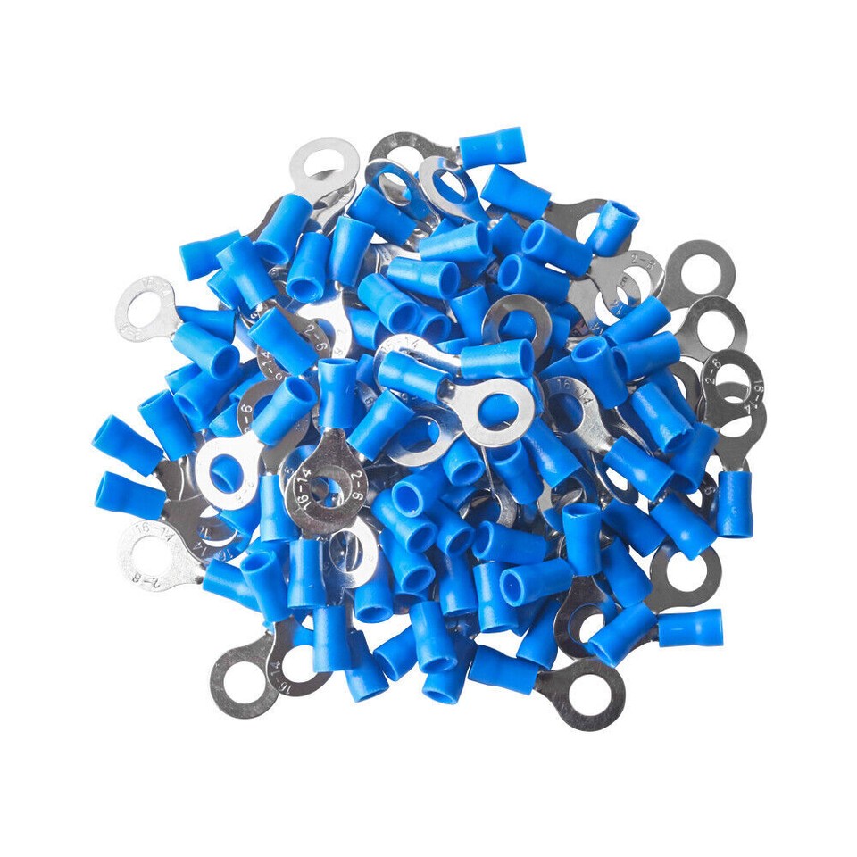 50/100Pcs Blue 16-14 AWG Wire Ring Terminals Vinyl Connectors Eyelet ...