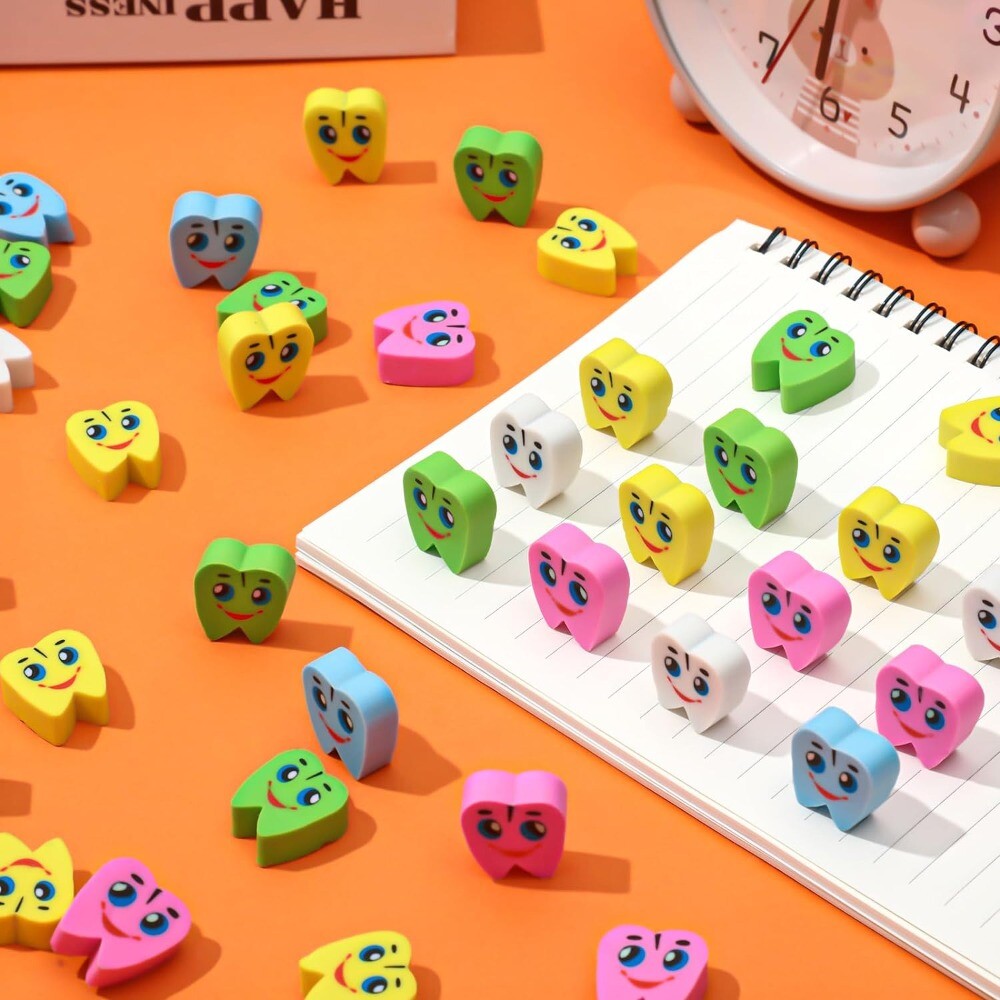300PCS Color Random Mini Cute Pencil Erasers Funny Shaped Tooth Erasers ...