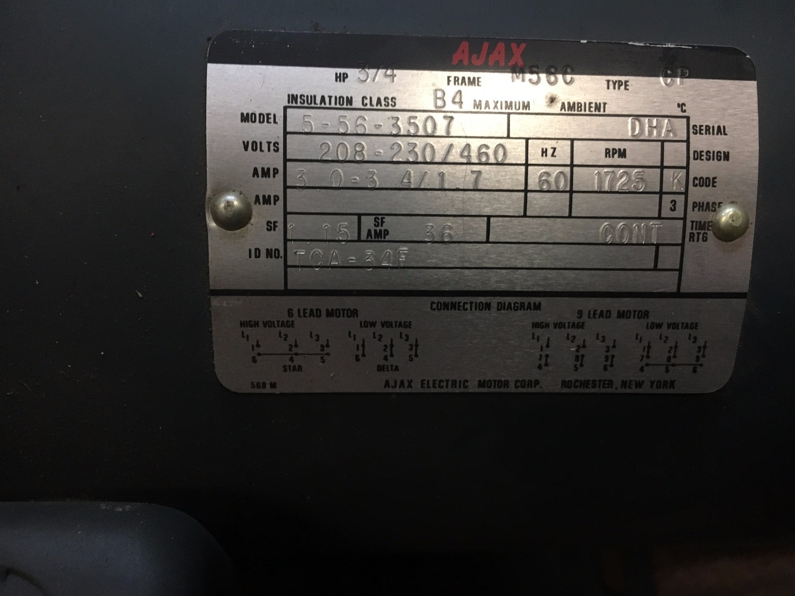 AJAX Electric Motor M56C 3/4HP 208-230/460V "new open stock" | eBay