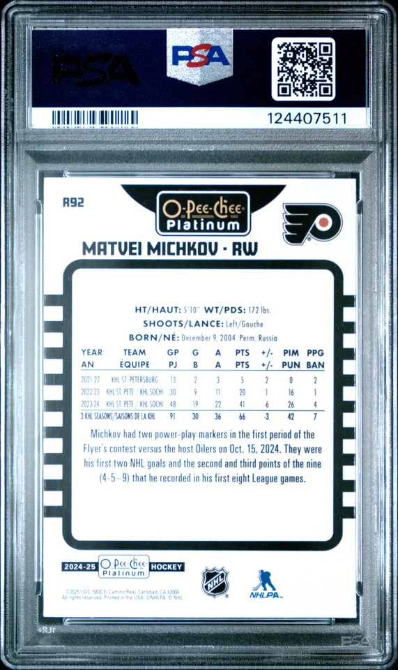 2024 UPPER DECK O-PEE-CHEE PLATINUM RETRO #R92 MATVEI MICHKOV RC PSA 10 ...