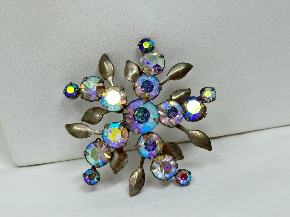 Vintage Silvertone Pink AB Rhinestone Flower Snowflake Shaped Brooch ...
