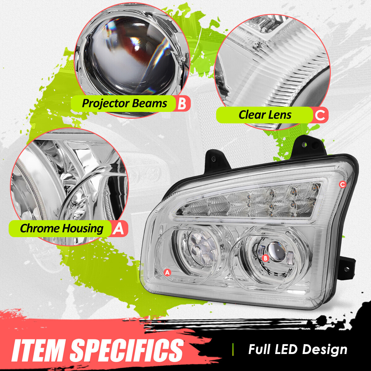 Full LED Projector Headlight Lamps for Kenworth T880 19-22 Chrome ...