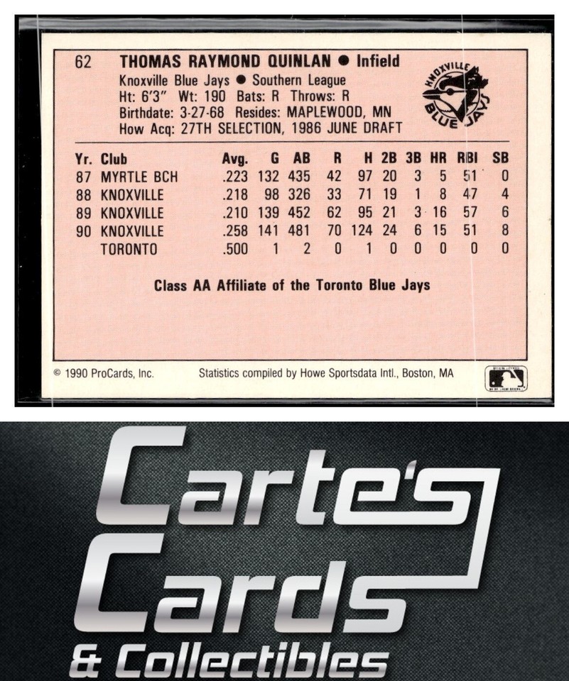 Tom Quinlan 1990 ProCards #62 Knoxville Blue Jays TTM/IP Signed ...