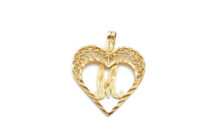 10k Yellow Gold Letter M Filigree Heart Pendant - Gem