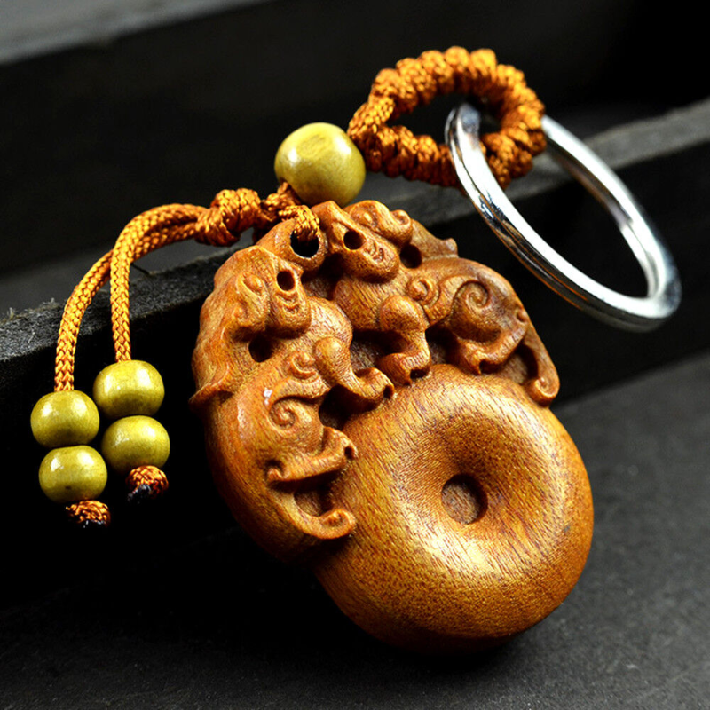 Peach Wood Double Pi Xiu Chain Hanging for Wealth Decoration Collection ...