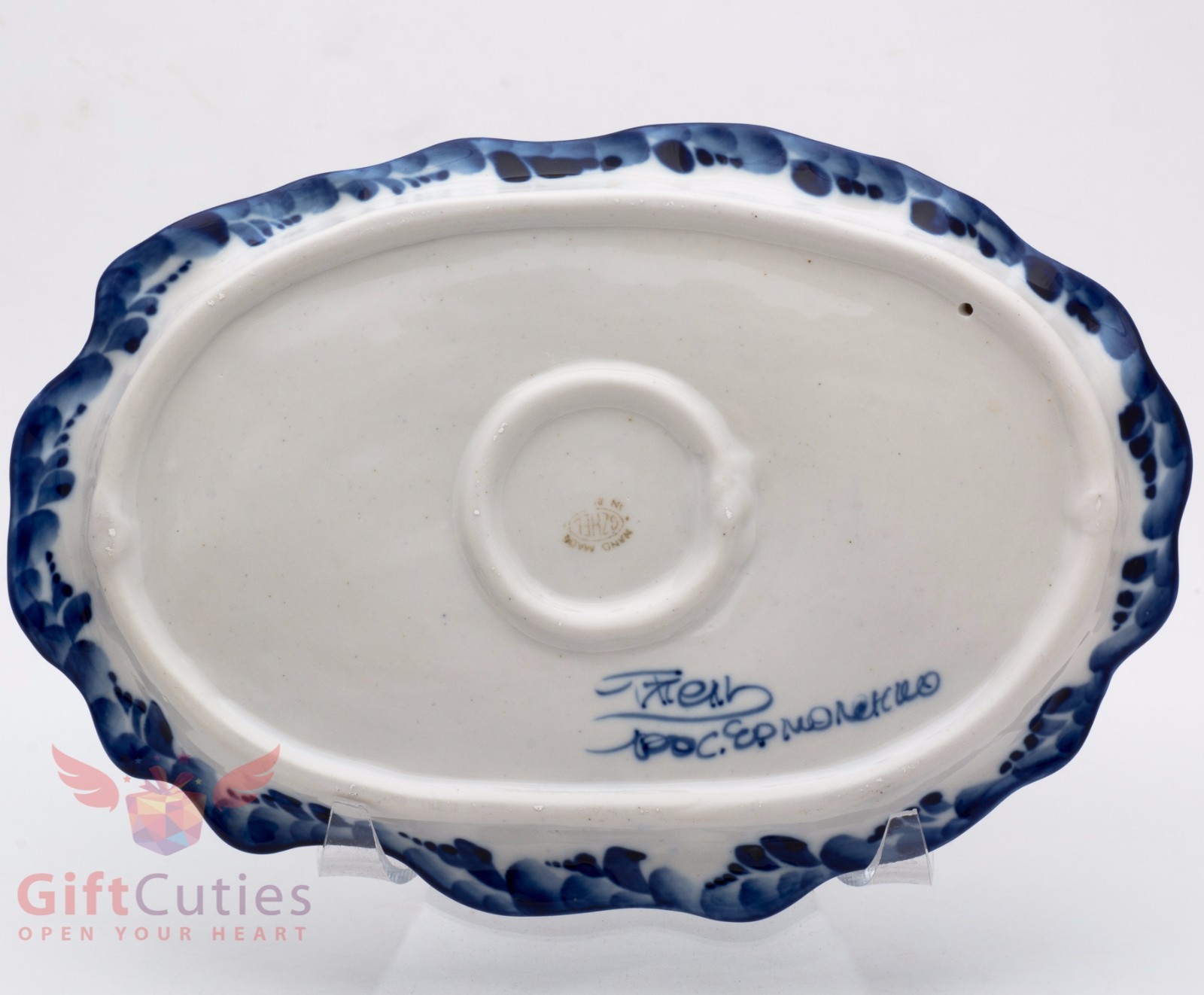 Gzhel Porcelain server plate or butter dish holder Rabbit Hand-painted ...