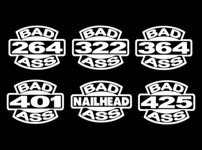 2 BADASS NAILHEAD DECALS 264-322-364-401-425 V8 CUBIC INCHES STICKERS ...