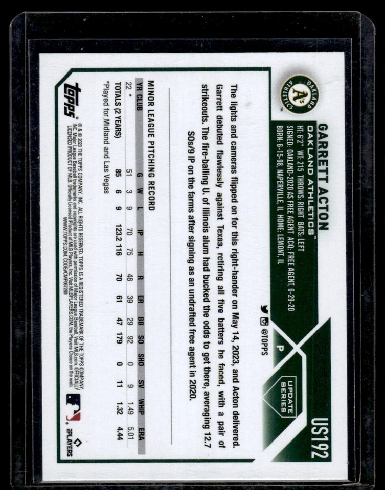 2023 Topps Update Garrett Acton RC Oakland Athletics #US192 | eBay