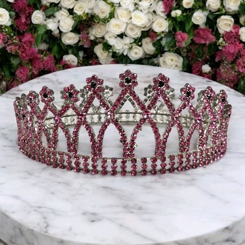 VTG Pink Black Rhinestone Crown Bridal Pageant Princess Cosplay 4 Prong ...