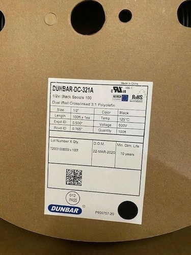 Dunbar - DC-321A 1/2" BLACK SPOOL Heat Shrink Tubing 100 FT | eBay